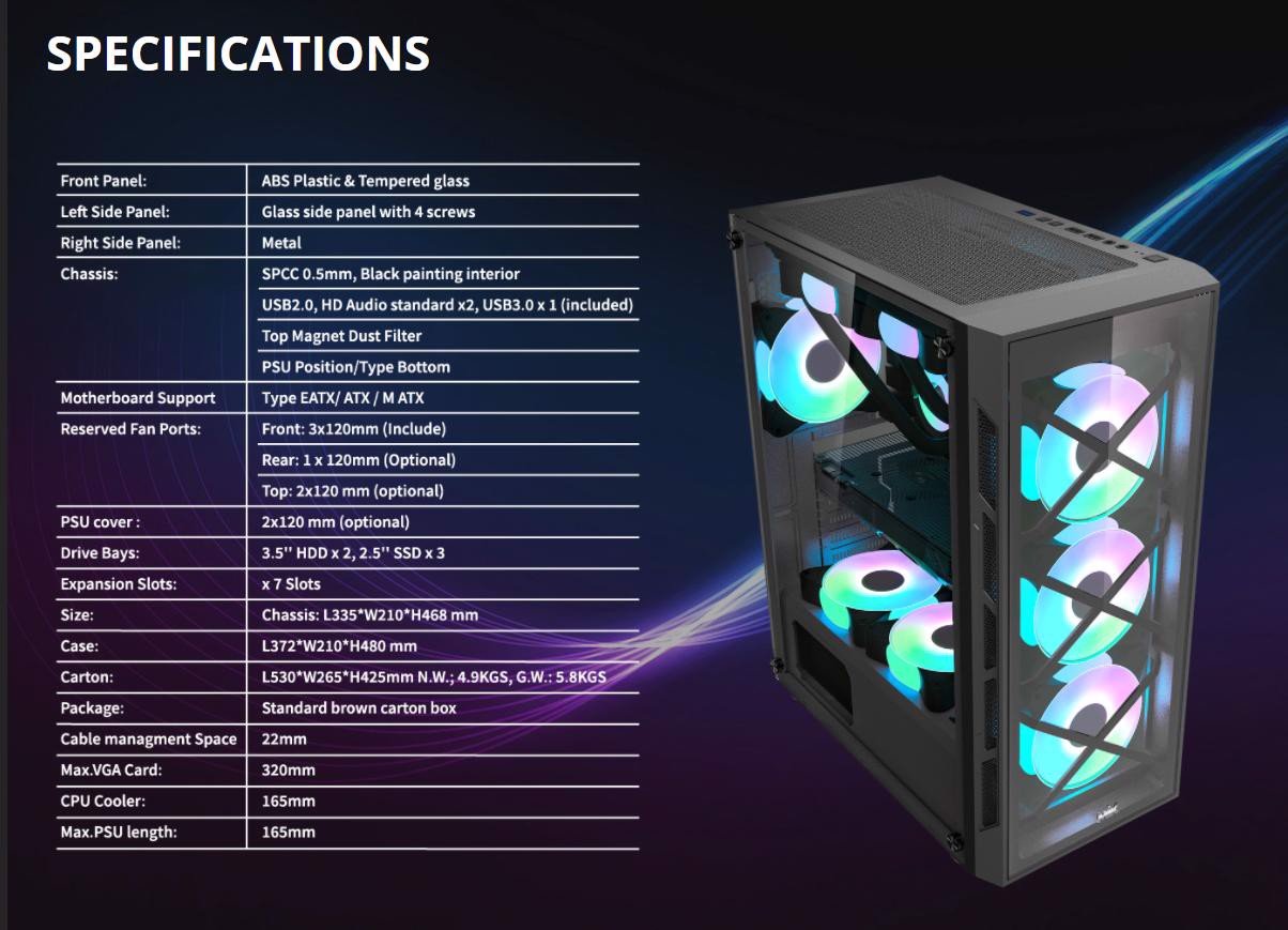 Vỏ case MIK TN10 Mid Tower (sẵn 3 quạt RGB)